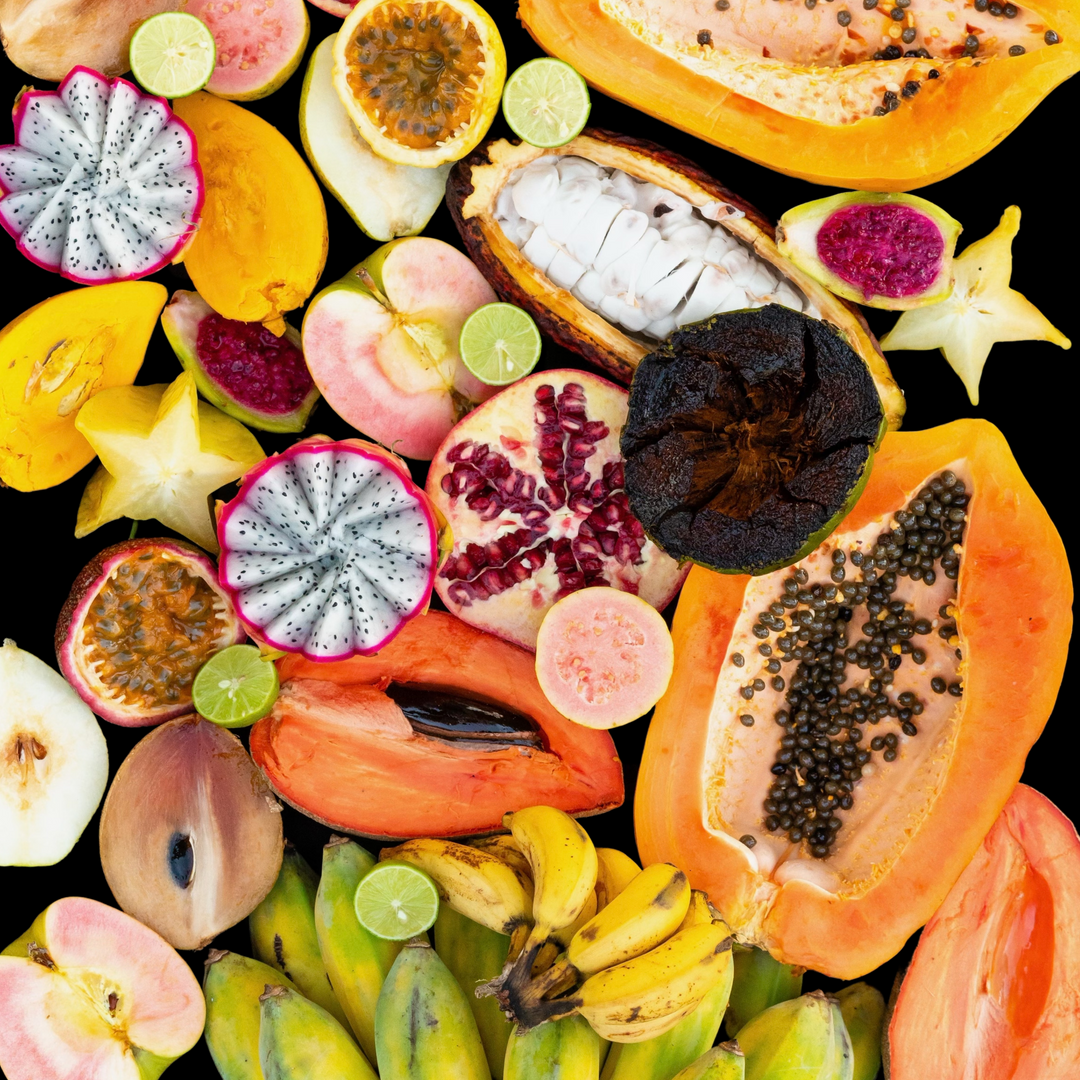 Tropical Fruits Collection Of Exotic Tropical Fruits, Whole And Cut.